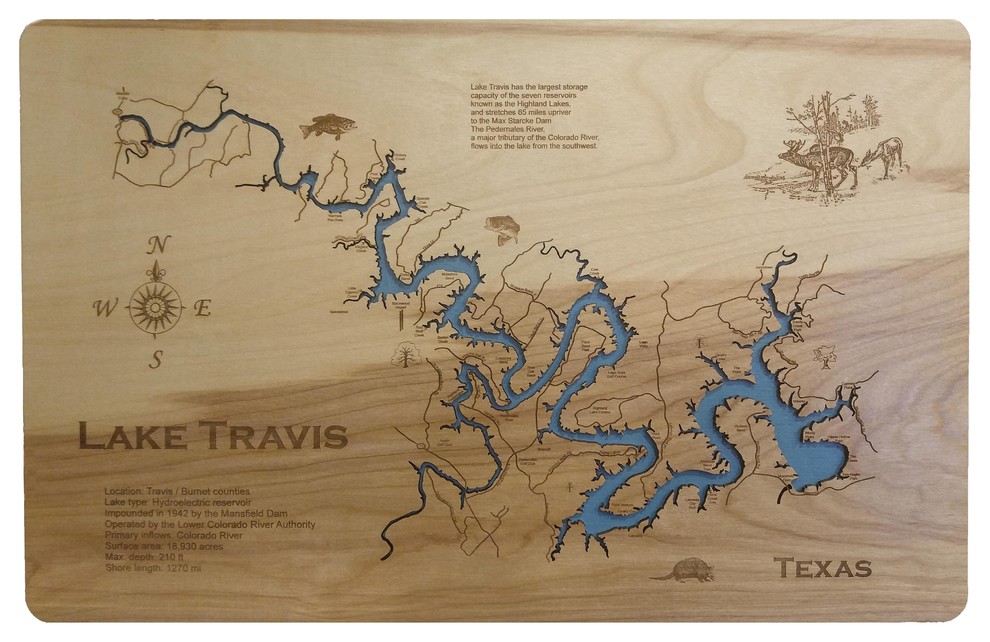 Lake Travis, Texas-Wood Lake Map, Medium - Contemporary - Wall Accents ...