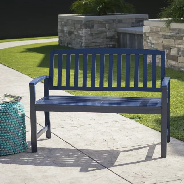 Navy Blue Outdoor Bench, Weather-Resistant Acacia Wood Frame and ...