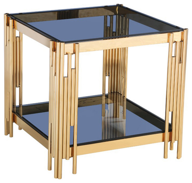 Square Metal End Table with Glass Top and Multiple Tube Frame, Gold ...