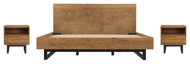 Aldo King Size 3 Piece Platform Bed Frame Bedroom Set in Brown Oak Wood - Industrial - Bedroom ...