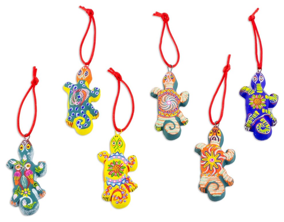 6-Piece Novica Festive Gecko Ceramic Ornaments - Tropical - Christmas ...