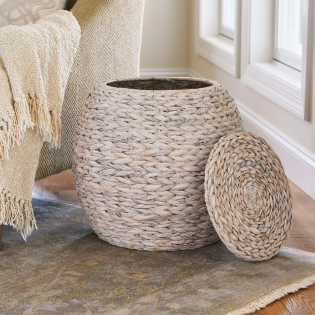 Handwoven Water Hyacinth Barrel Wicker Storage Basket Side Table ...