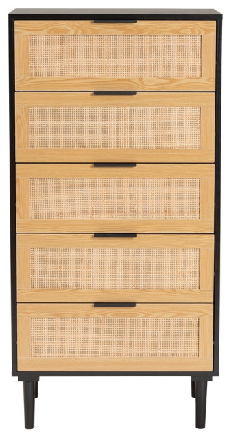 Mid-Century Modern Espresso Brown Wood and Rattan 5-Drawer Storage ...