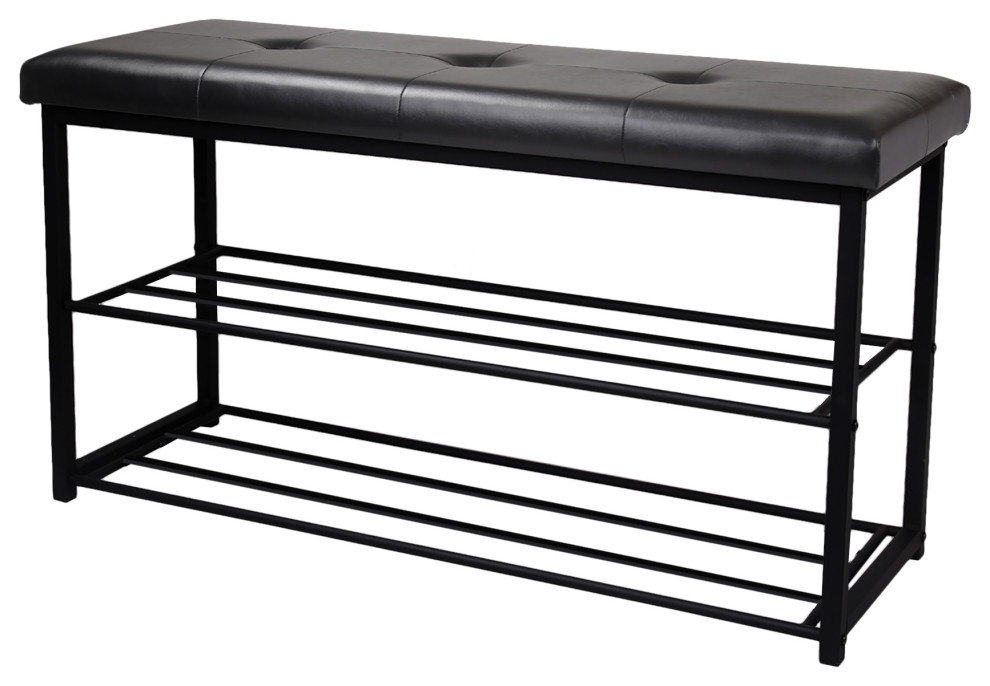 Black Entryway Shoe Rack Bench, Cushioned Faux Leather Seat ...