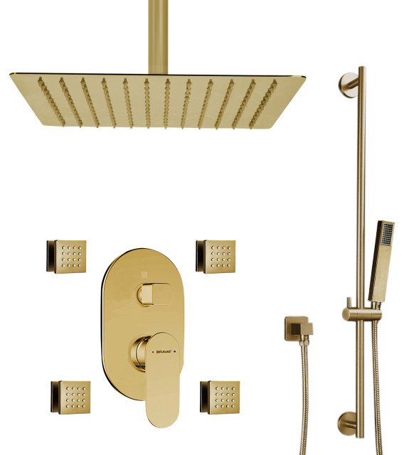 Bravat Brushed Gold Square Shower Set, Valve Mixer 3-Way Concealed ...