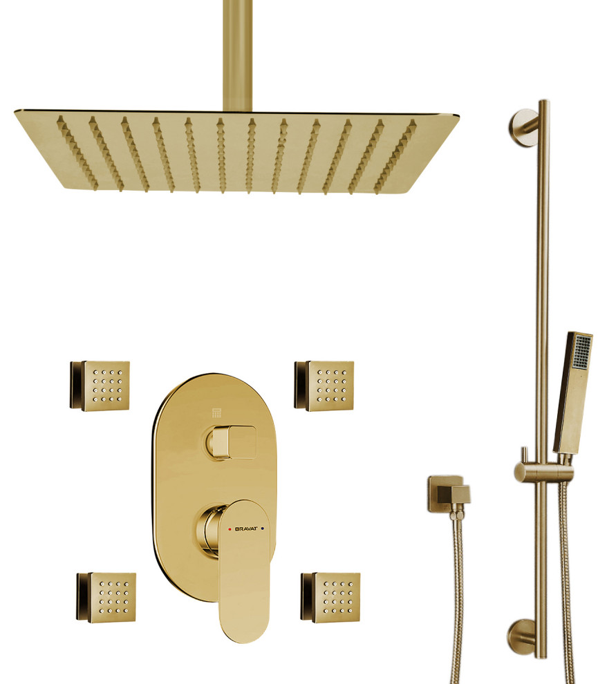 Bravat Brushed Gold Square Shower Set, Valve Mixer 3-Way Concealed ...