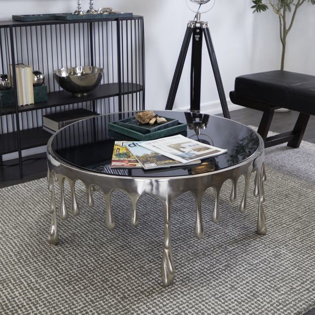 Silver Aluminum Coffee Table with Melting Legs and Shaded Glass Top ...