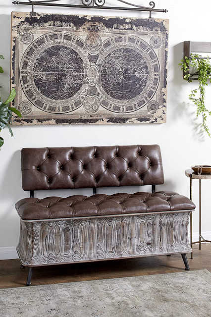 Rustic Storage Bench, Unique Design With Tufted Brown Faux Leather Seat ...