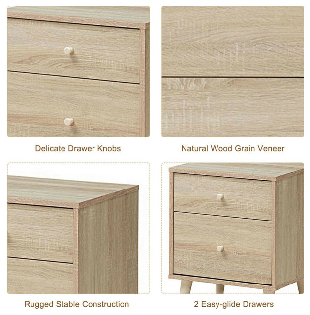Set of 2 Nightstand, Rubberwood Tapered Legs & Unique Drawer Knobs, Oak ...