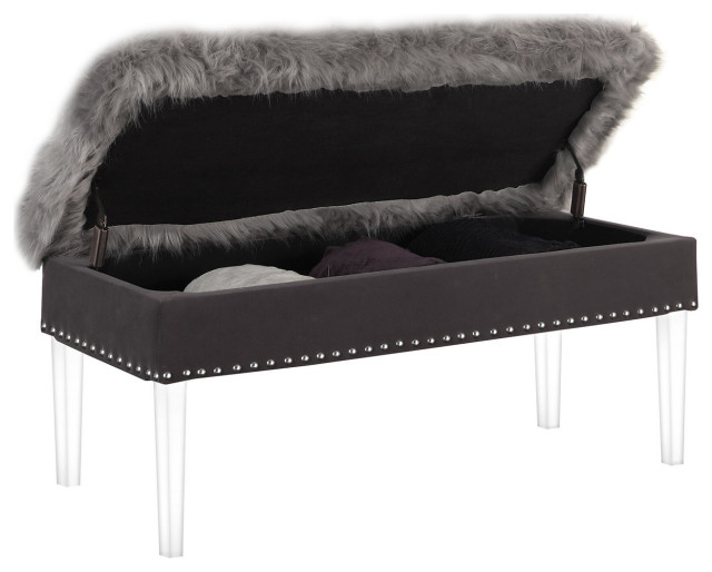 Contemporary Chic Gray Faux Fur and Clear Acrylic Storage Bench ...