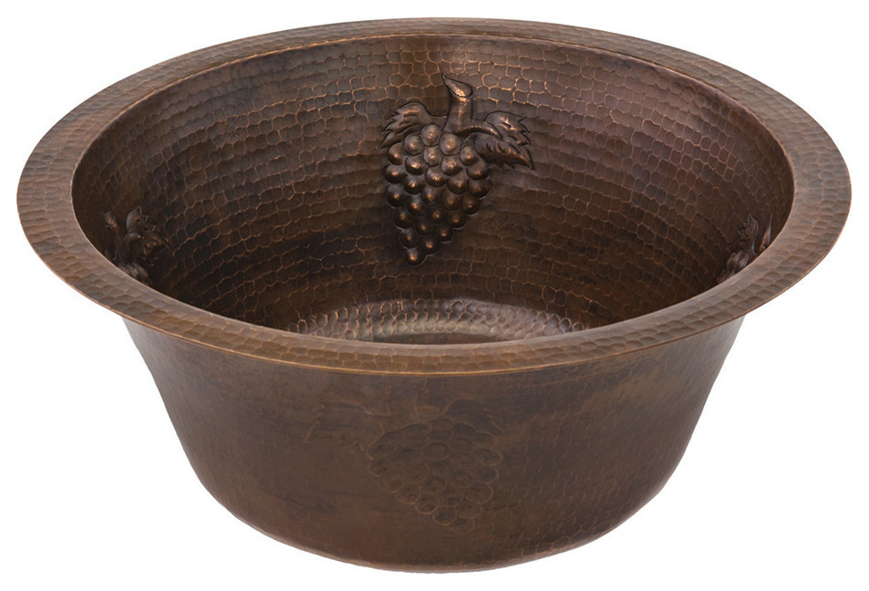 BR16GDB2, 16" Round Copper Bar Sink W/ Grapes and 2" Drain Size ...