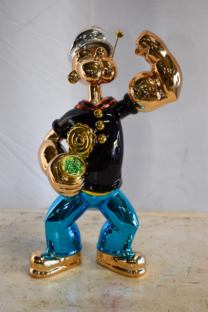 Colorful Chrome Popeye Cartoon in Black Shirt Resin Statue 12" x 8" x ...