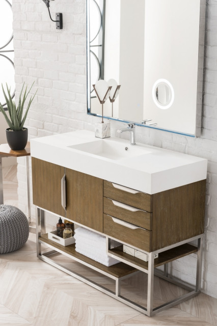 48 Inch Modern Oak Single Sink Bathroom Vanity Brushed Nickel Base ...
