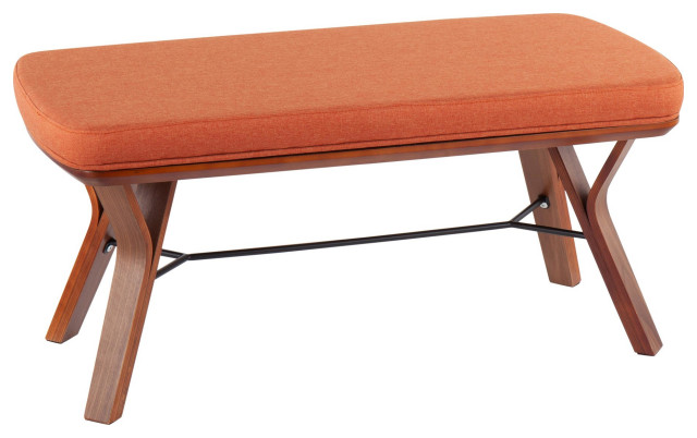Folia Mid-Century Modern Bench, Walnut Wood/Orange Fabric - Midcentury ...