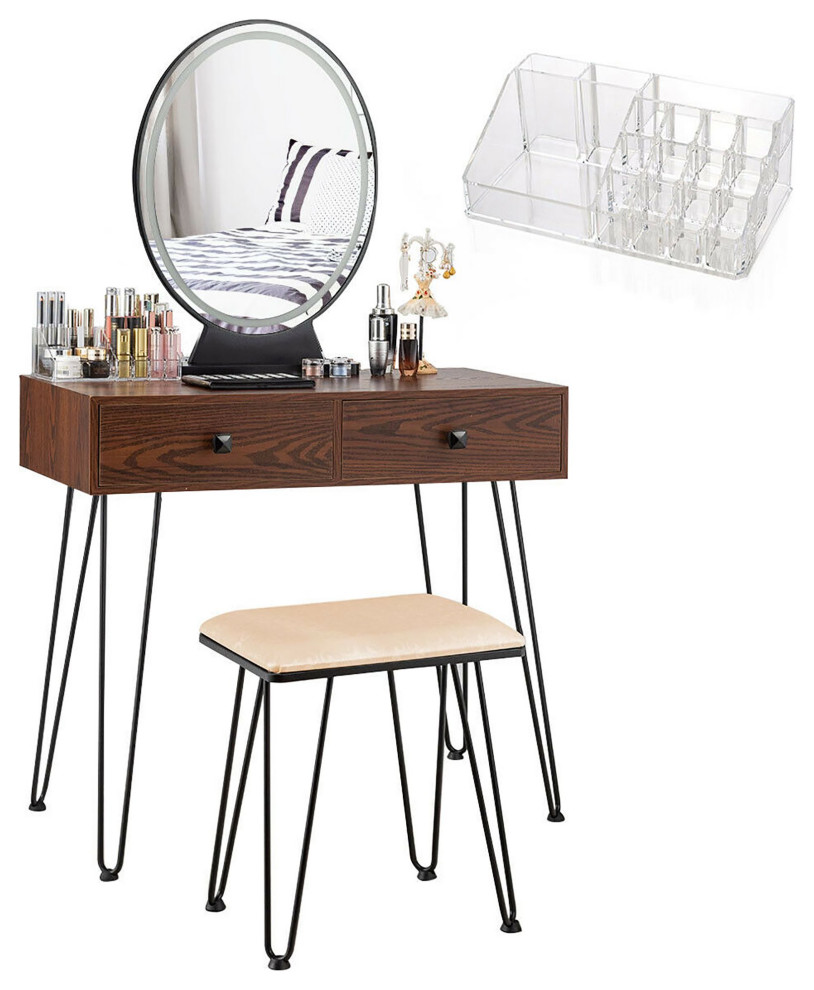 Retro Rustic Vanity Set, Round Mirror & LED Lights With Touch Switch ...