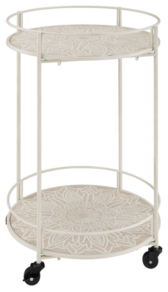 2 Tier Round Metal Frame Bar Cart with Medallion Engraving, White and ...