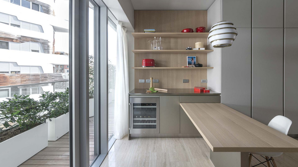 COLLEZIONE D90+K6 | CUCINA LINEARE SU DUE LATI CON TAVOLO A SBALZO ...