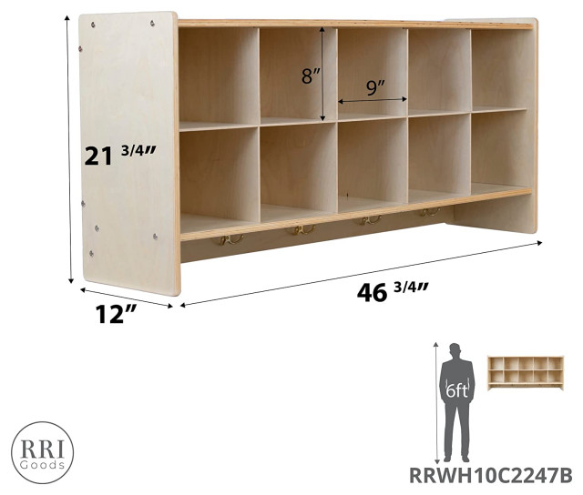 10 Section Wood Cubbies Storage, Brown Bins, Wall Hanging Organizers ...