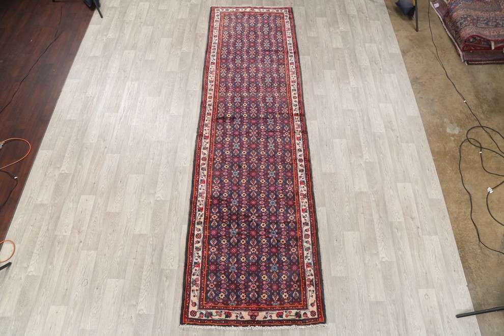 Consigned, Oriental Geometric Handmade Persian Rug Runner, Blue, 13'1 ...