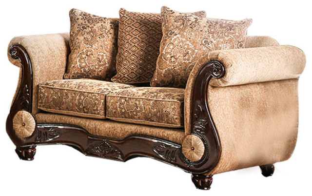 Chenille Upholstered Love Seat with Rolled Arms Design, Gold, Loveseat ...