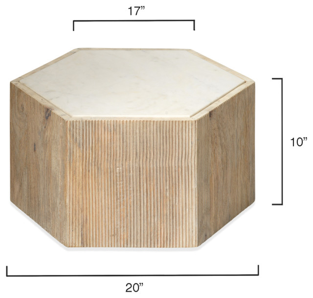 Small Argan Hexagon Table, Natural Wood and White Marble - Transitional ...