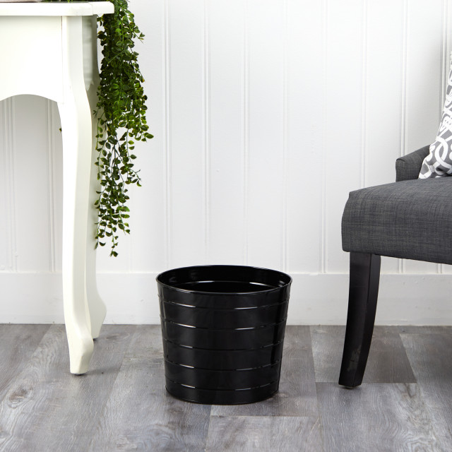 12" Farmhouse Black Metal Ribbed Planter - Transitional - Indoor Pots ...