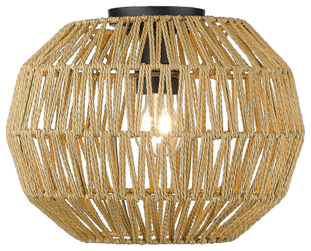 Florence Flush Mount, Matte Black with Natural Raphia Rope - Beach ...