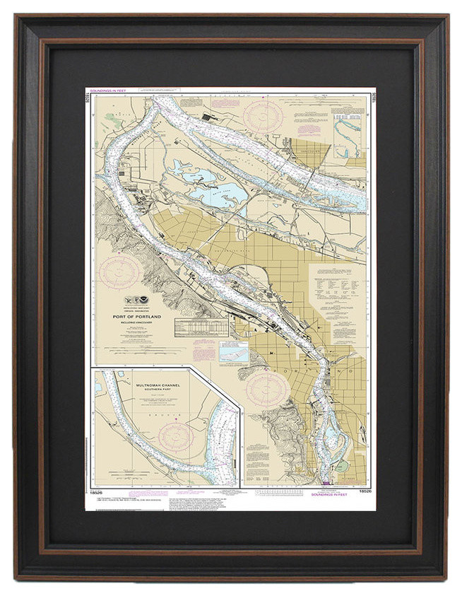 Framed Nautical Chart, Portland Port, Vancouver, Multnomah Channel ...