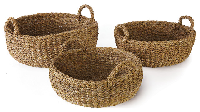 Seagrass Shallow Baskets With Handles, Set of 3 - Beach Style - Baskets ...