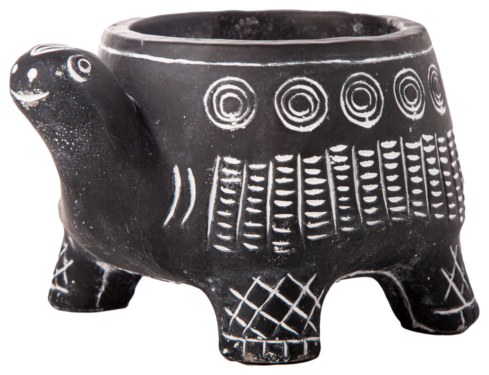 Terracotta Turtle Pot with Tribal Design Washed Concrete Gray Finish ...