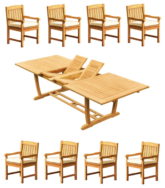 9-Piece Outdoor Teak Dining Set: 94" Masc Rectangle Table, 8 Devon Arm ...