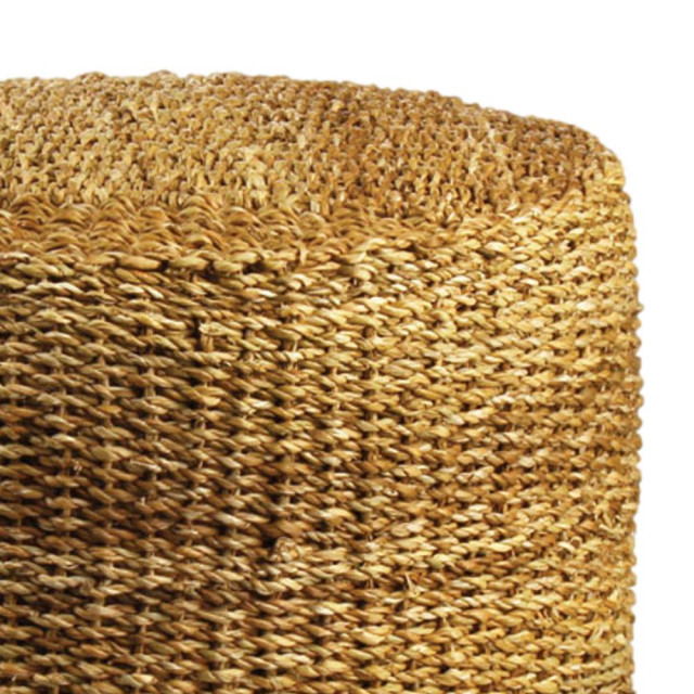 Round Woven Seagrass Curved Pouf Natural Fibers Coastal Cottage Ottoman Table - Beach Style ...