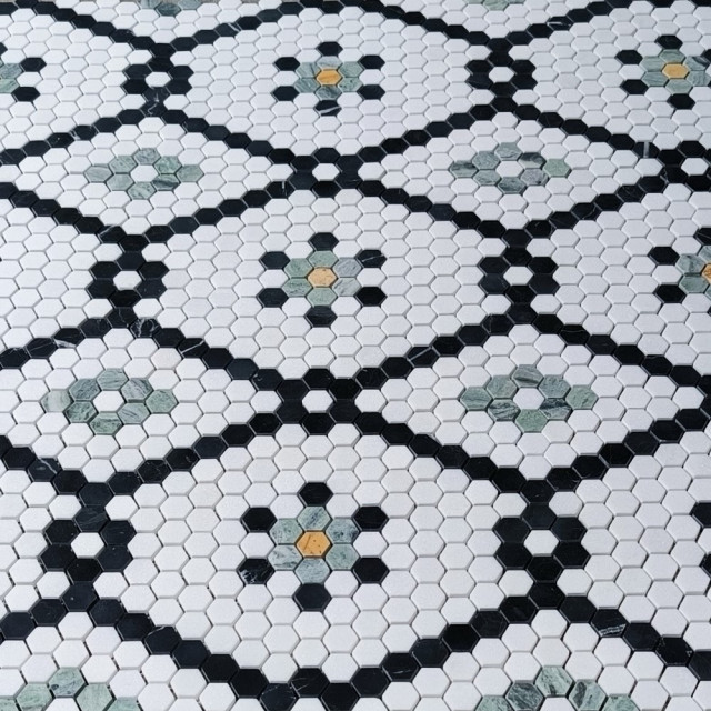 Thassos White Marble Hexagon Snowflake Mosaic Tile Black Green Gold, 1 ...