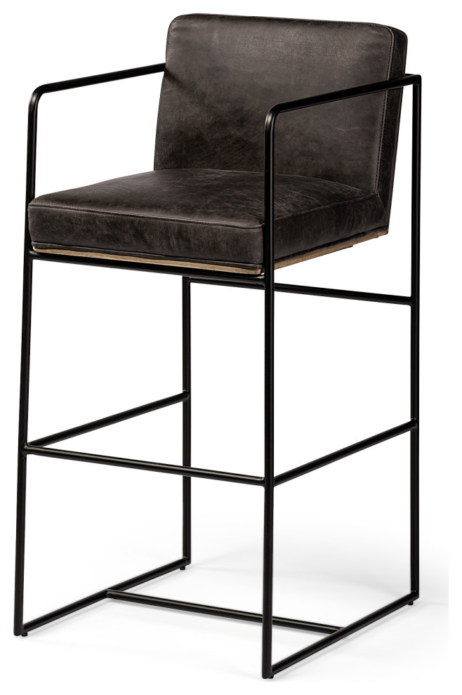 Stamford Black Genuine Leather With Wood Back and Black Metal Frame Bar ...