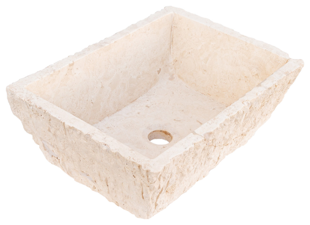 Troia Light Rustic Natural Stone Vessel Sink Hand Chiseled Exterior ...