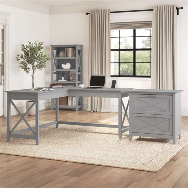 Pemberly Row Engineered Wood L Desk with Lateral File Cabinet in Gray ...