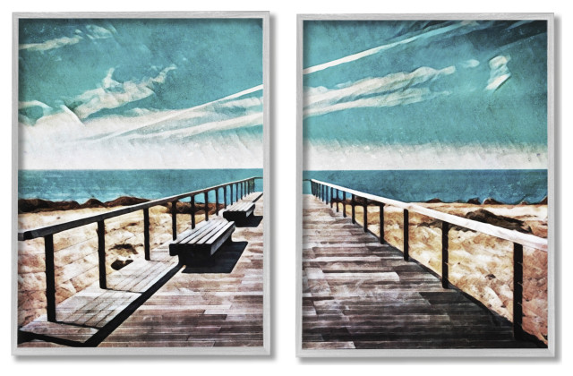 Tranquil Pier Dock Beach Clear Blue Sky Illustration, 2pc, 16"x20 ...