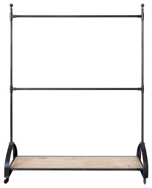 Metal and Mango Wood Rack on Wheels With 2 Rods and Shelf, Natural and ...