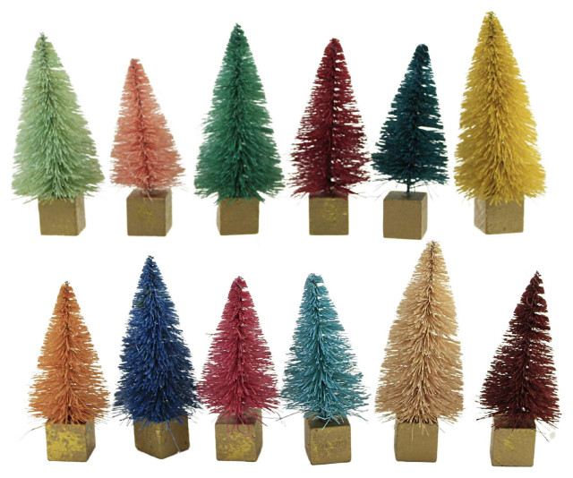 Christmas Rainbow Forest Mini Trees Plastic Set 12 Bottle Brush Gold ...