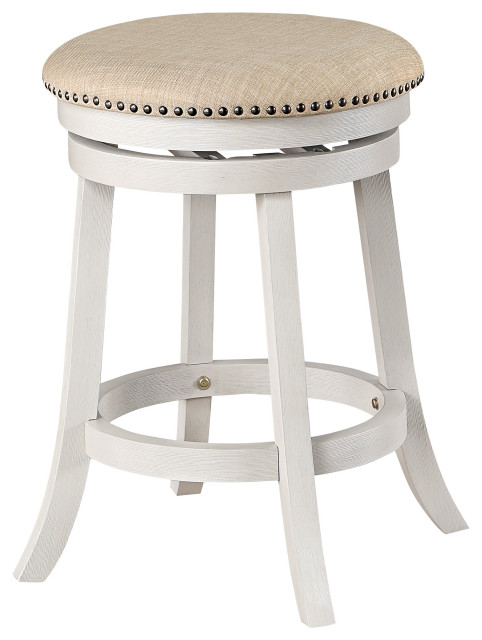 2-Pack Backless Round Swivel Stool With Beige Fabric and Dark Walnut ...
