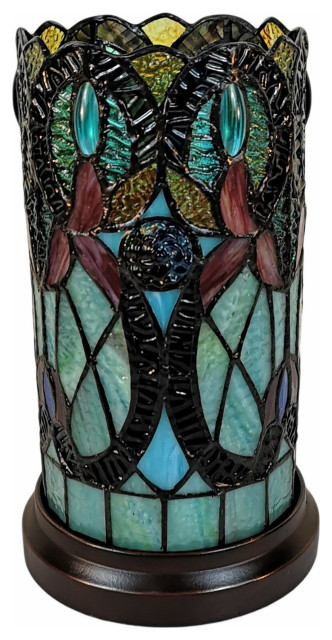 11" Beige and Orange Mosaic Tile Stained Glass Accent Lamp - Victorian ...