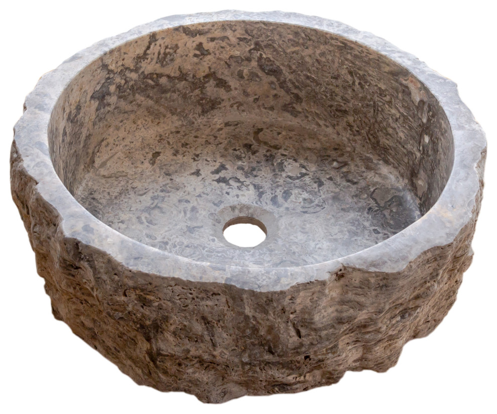 Silver Travertine Rustic Stone Sink Hand Chiseled Exterior (D)16" (H)6 ...