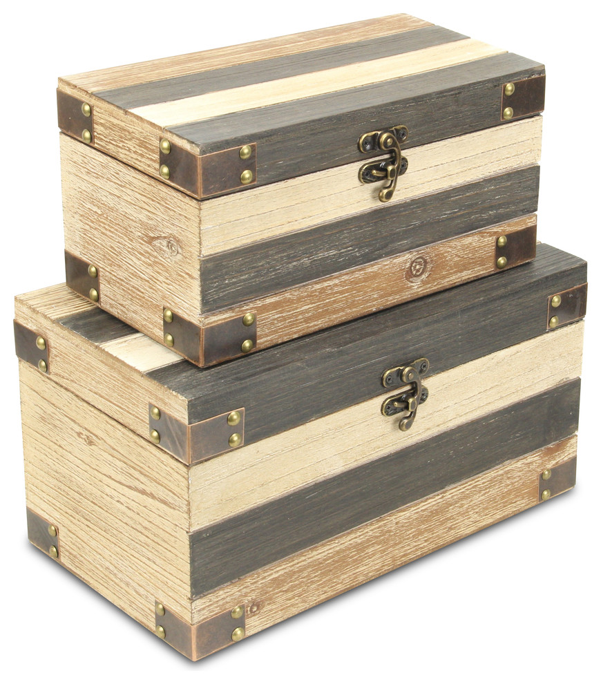 Wood Panel Storage Boxes, Bronze Metal Accents, 2-Piece Set ...