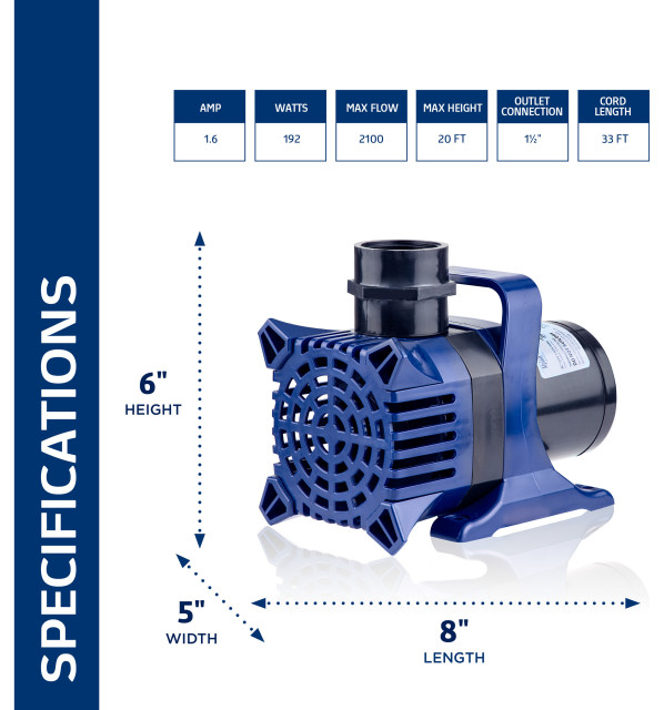 2100 GPH Cyclone Pump for Ponds, Fountains, Waterfalls, and Water ...