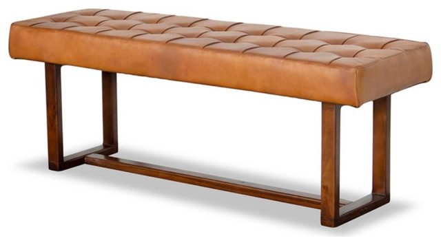 Arles Mid-Century Button-Tufted Genuine Leather Upholstered Bench in ...