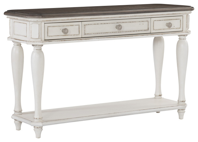 3 Drawer Sofa Table with Turned Legs and Round Knob,Antique White and ...