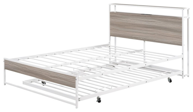 Modern Industrial Platform Bed, Pull Out Trundle & Charging Station ...