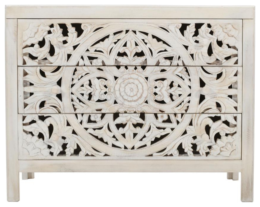 Jolie Rustic Solid Wood Global Boho Hand Carved Accent Chest with Three ...