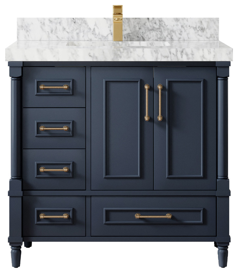 Aberdeen 36 Center Sink Bath Vanity in Hale Navy Blue 2" Carrara Marble ...
