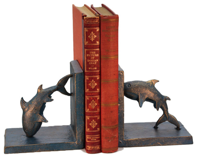 Dolphin Bookends Sea Blue over Brass Metal Cast Iron Pair - Modern ...